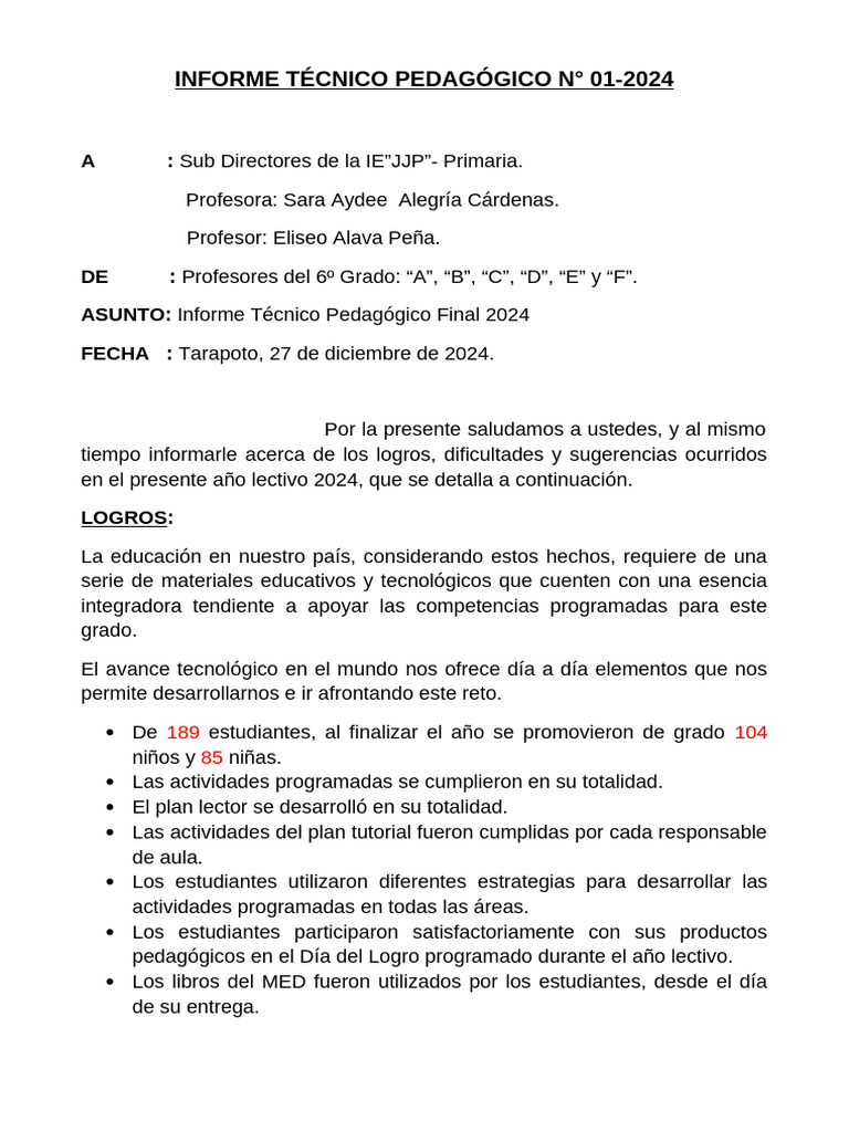 Informe Pedagógico Primaria 2024 | PDF | Maestros | Aprendizaje