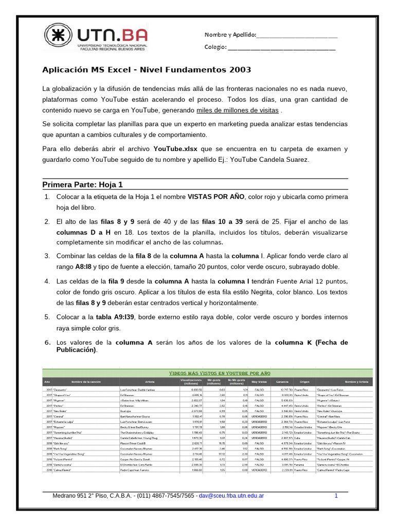 Consigna Excel Fundamentos 2003 - Diciembre | PDF | Youtube