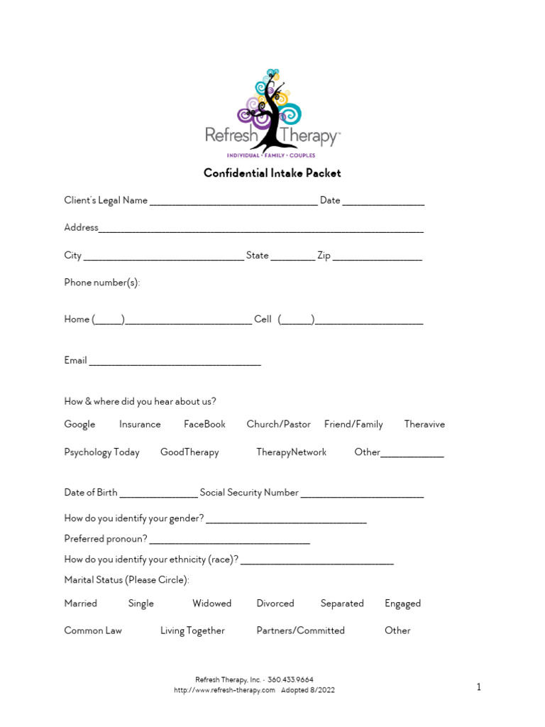 Confidential Intake Form V.3 | PDF | Psychotherapy | Substance Use Disorder