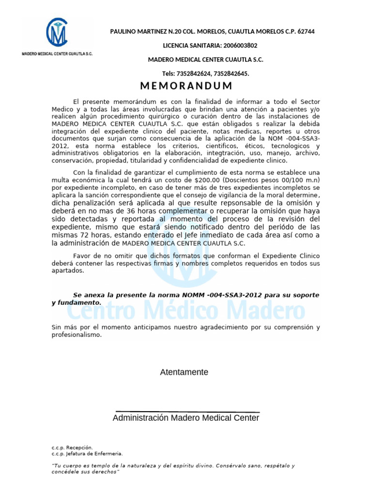 Memorandum Multa Omisión Expedientes | PDF | Historial médico | Cirujano