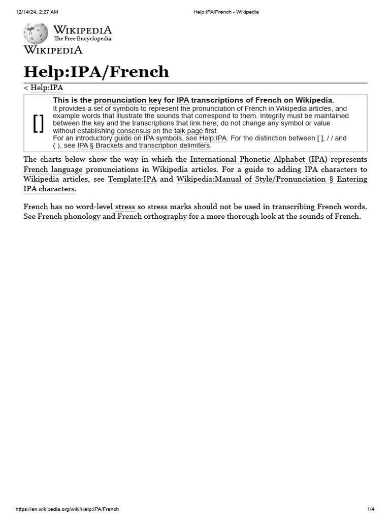 Help:IPA/French: This Is The Pronunciation Key For IPA Transcriptions ...