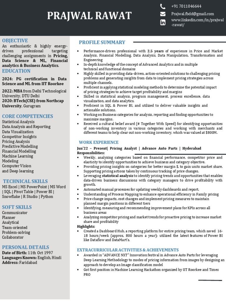 Prajwal Rawat Resume | PDF | Analytics | Pricing