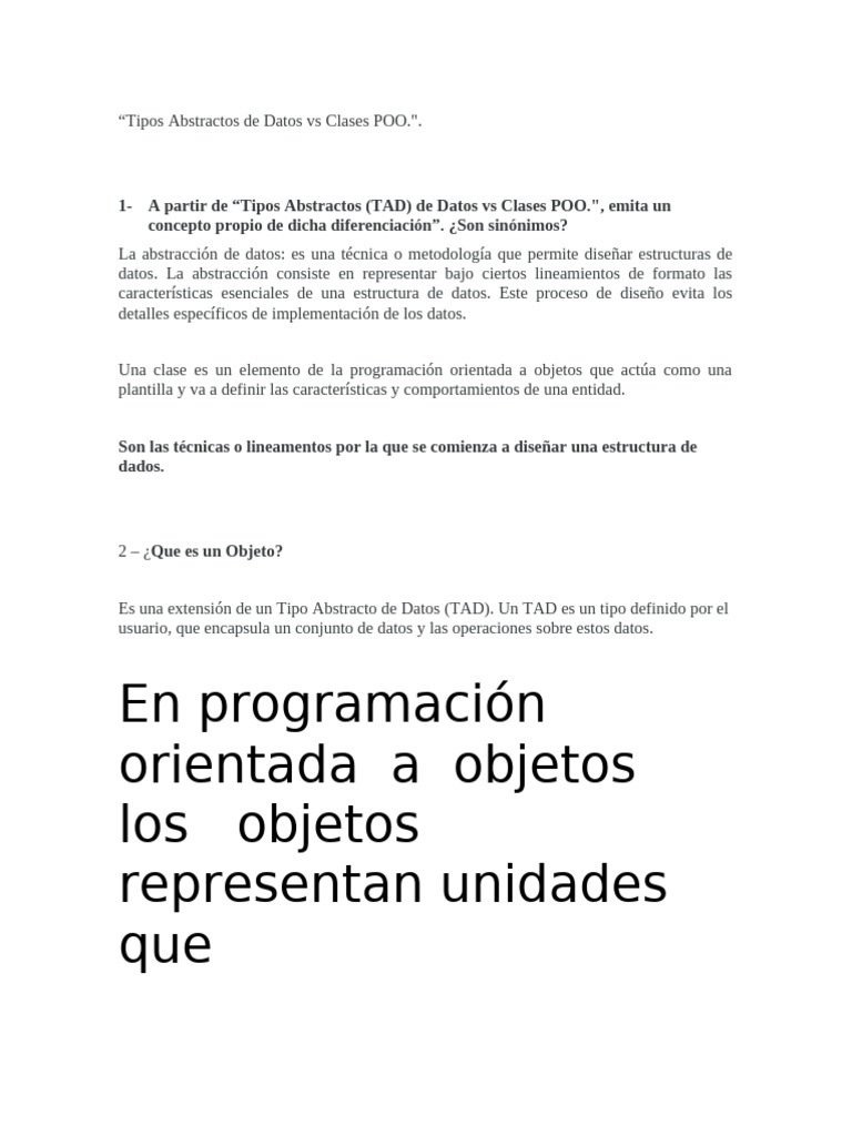 TAD y Clases en POO: Diferencias Clave | PDF | Objeto (informática ...