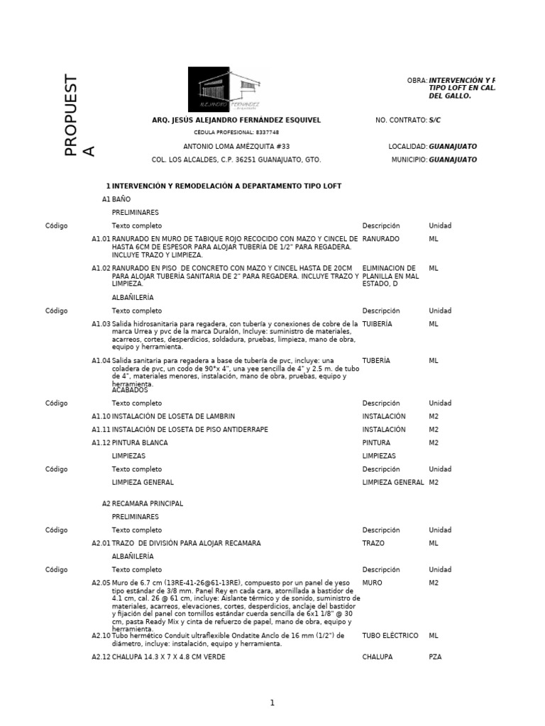 Propuesta Depa | PDF | Herramientas | Ingeniería de Edificación