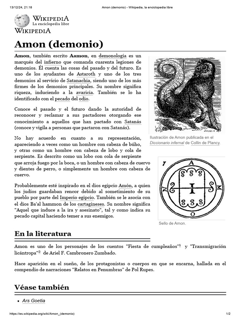 2.1 Amon (Demonio) - Wikipedia, La Enciclopedia Libre | PDF | Demonios | Demonología