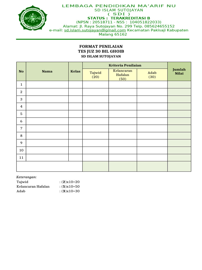 Format Penilaian Tahfidz | PDF