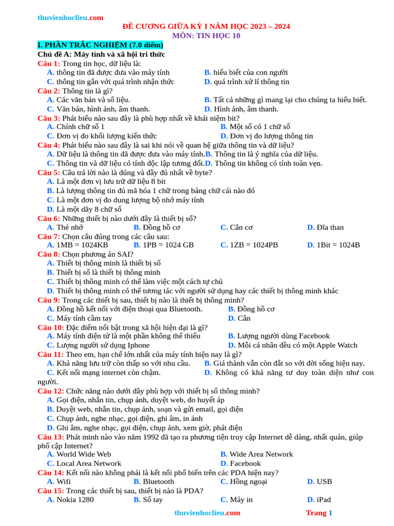 De Cuong On Tap Giua HK1 Tin 10 Canh Dieu | PDF