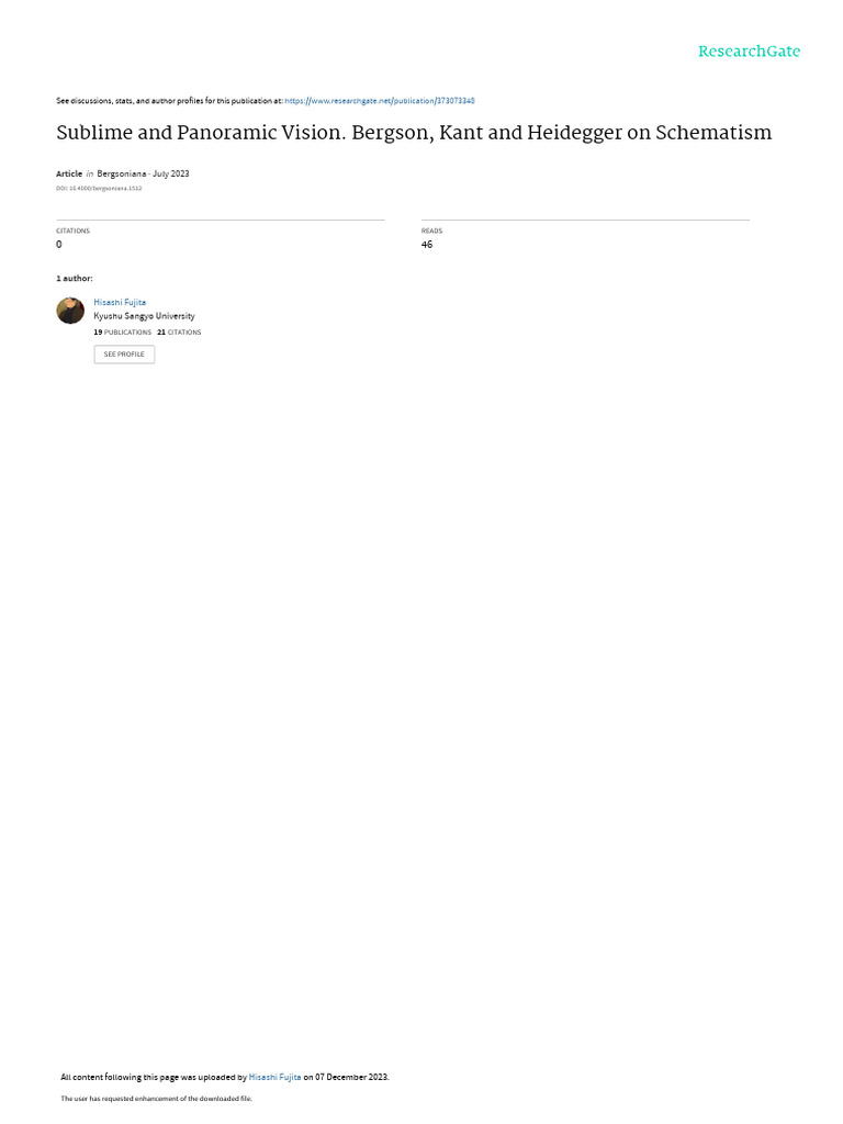 Sublime and Panoramic Vision. Bergson, Kant and Heidegger On Schematism ...