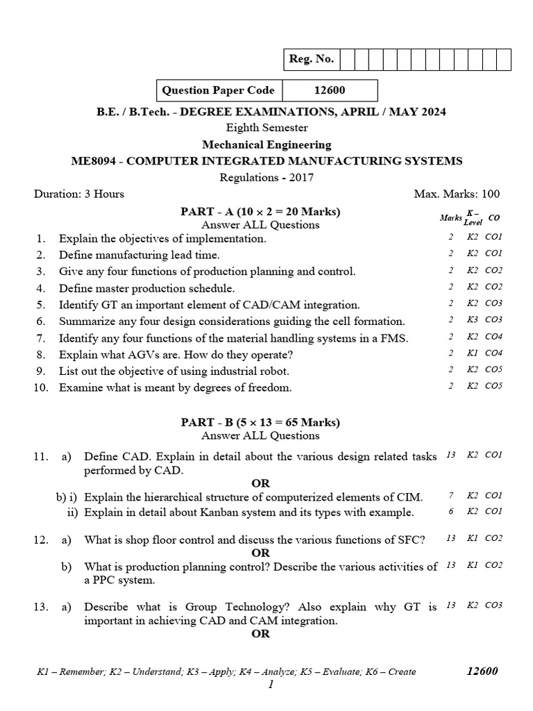 Computer Integrated Manufacturing Exam Guide | PDF | Engineering