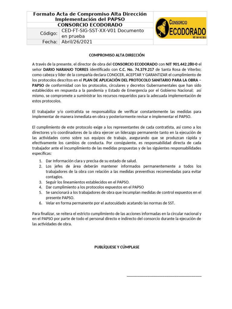 CED-FR-SIG-SST-XX-V01 Formato Acta de Compromiso Alta Dirección Implementación Del PAPSO | PDF