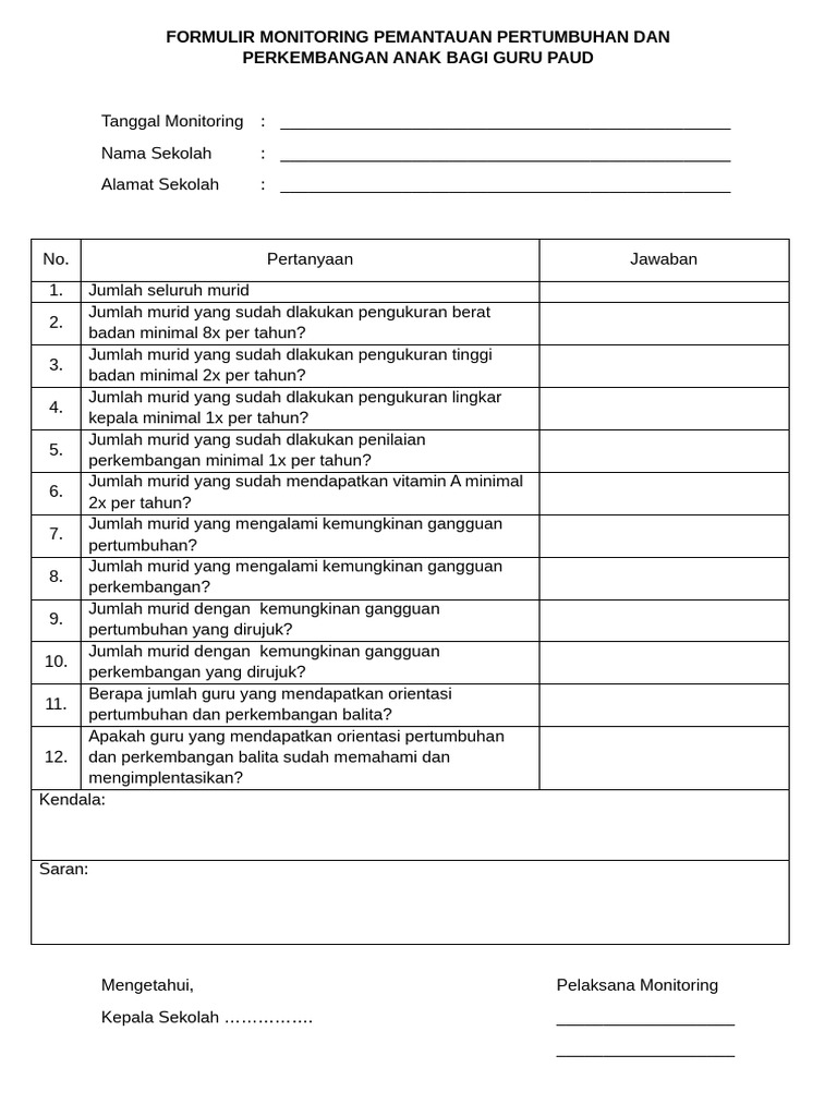 Formulir Monitoring Pemantauan Pertumbuhan Dan Perkembangan Anak Bagi ...