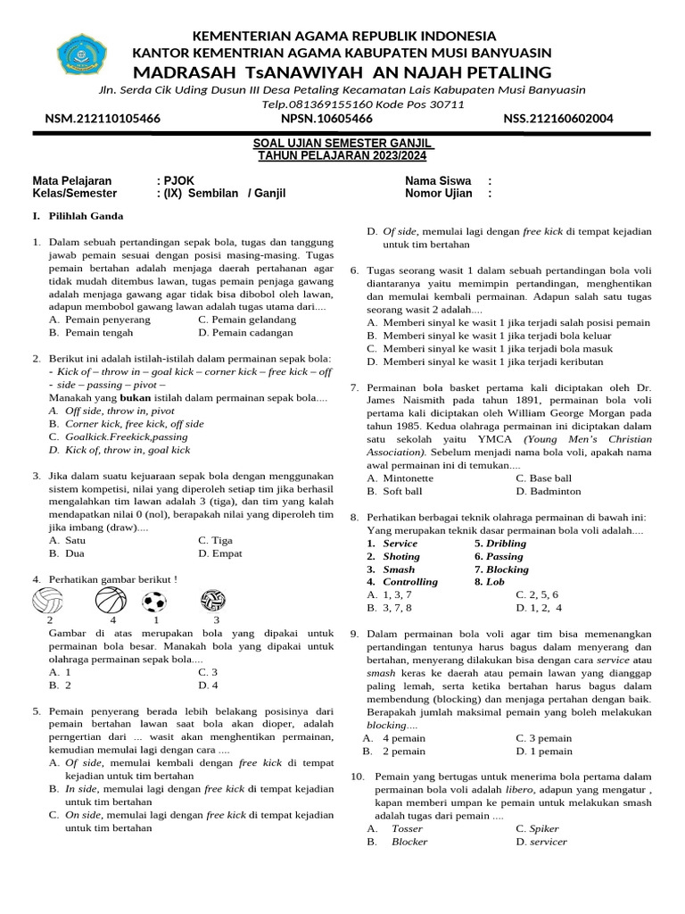 SOAL PJOK KLS IX 2024 | PDF