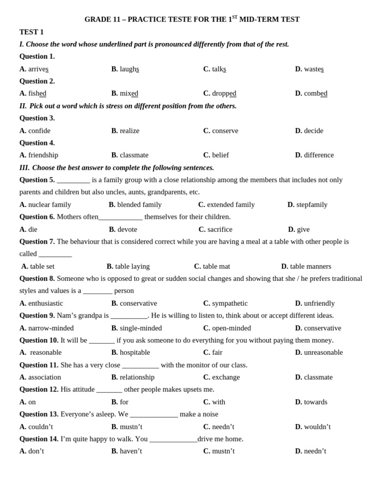 Grade 11 - Revision For Mid-Term Test | PDF | Family | Adolescence