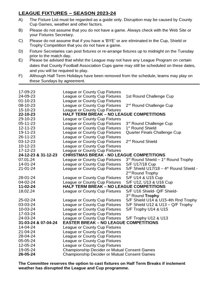 2023-24 League Fixtures Schedule | PDF | Academic Term