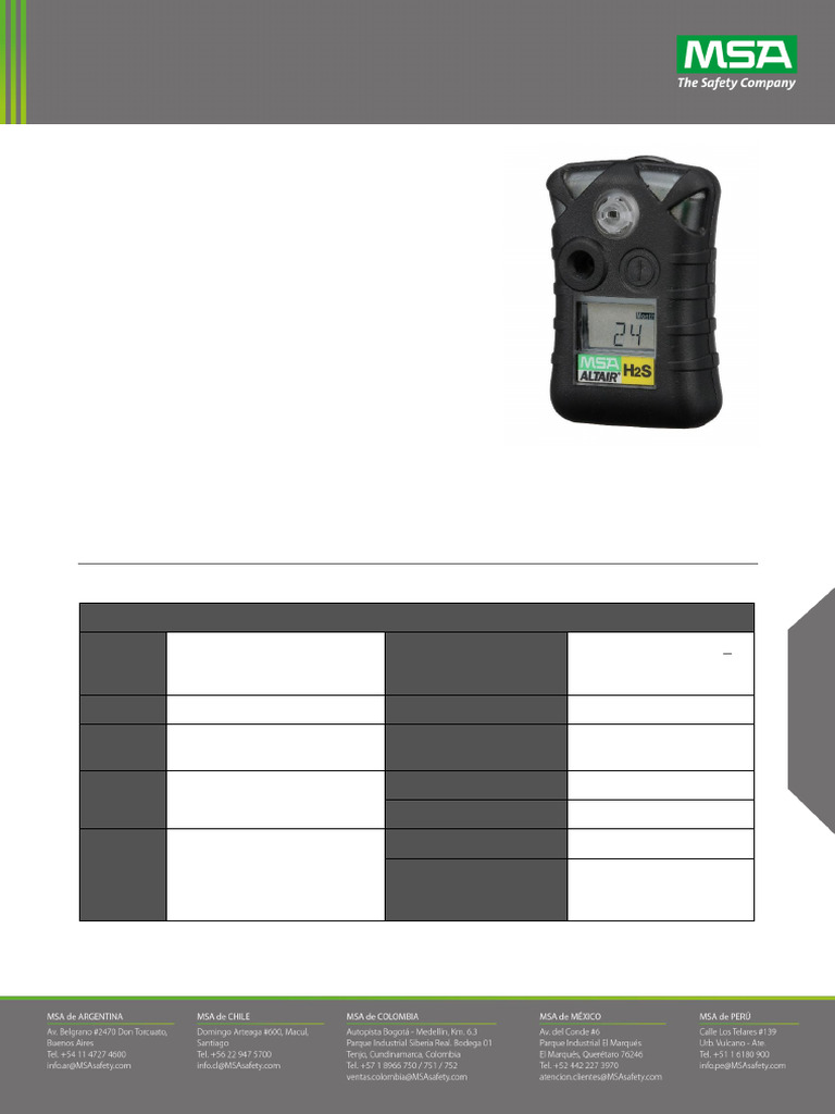 01 Ficha Tecnica MSA Detector Gases H2S | PDF | Diodo emisor de luz