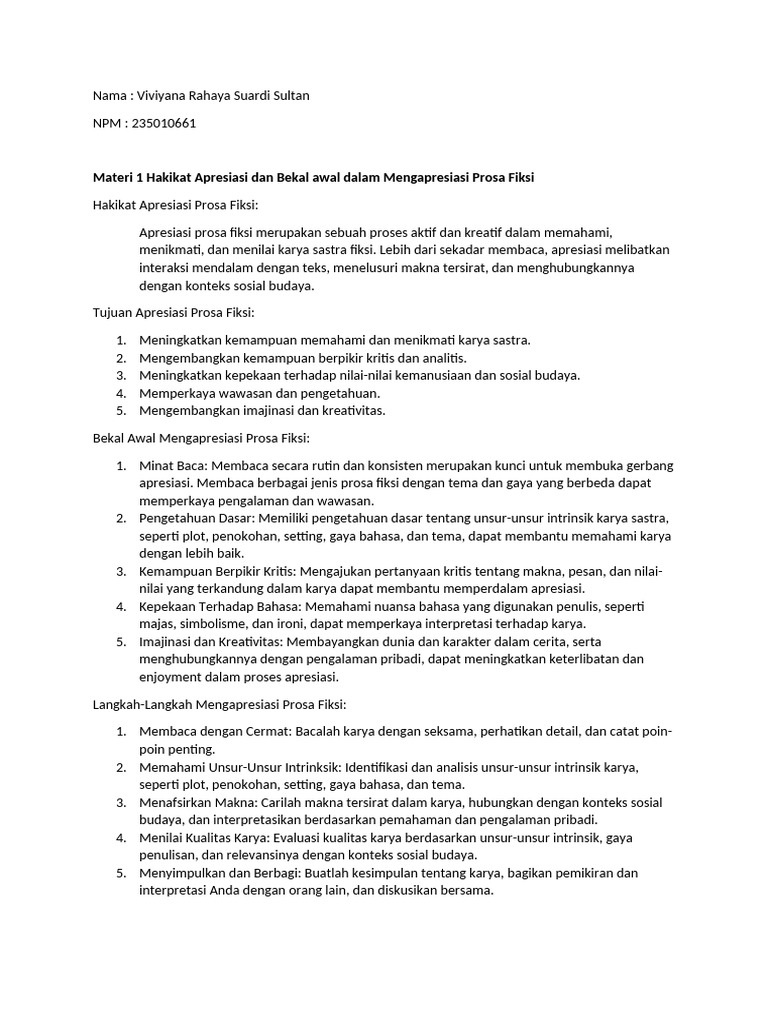 Apresiasi Prosa Fiksi: Panduan Lengkap | PDF