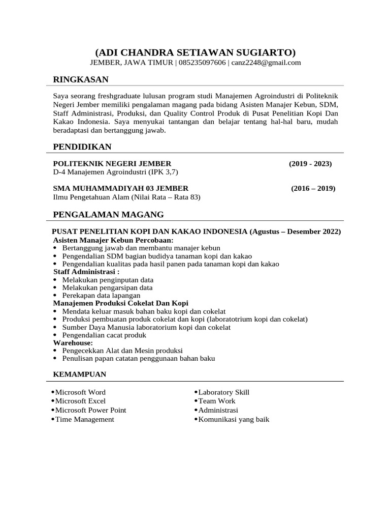 CV Adi Chandra Setiawan Sugiarto | PDF