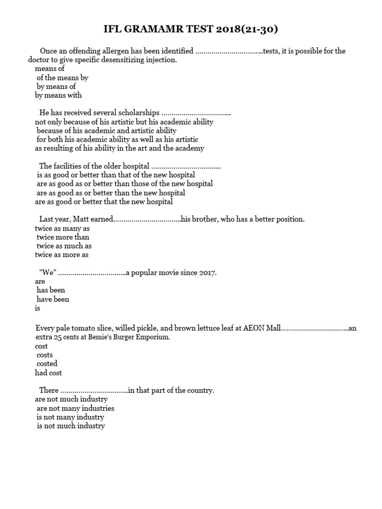 IFL GRAMAMR TEST 2018(21-30) | PDF