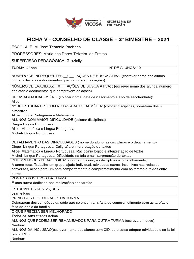 FICHA CONSELHO DE CLASSE - 4° Ano | PDF | Imagem