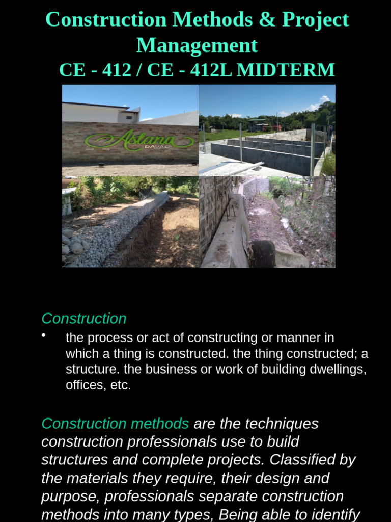 CE 412 Construction Methods and Project Management Midterm Lecture | PDF | Concrete | Masonry