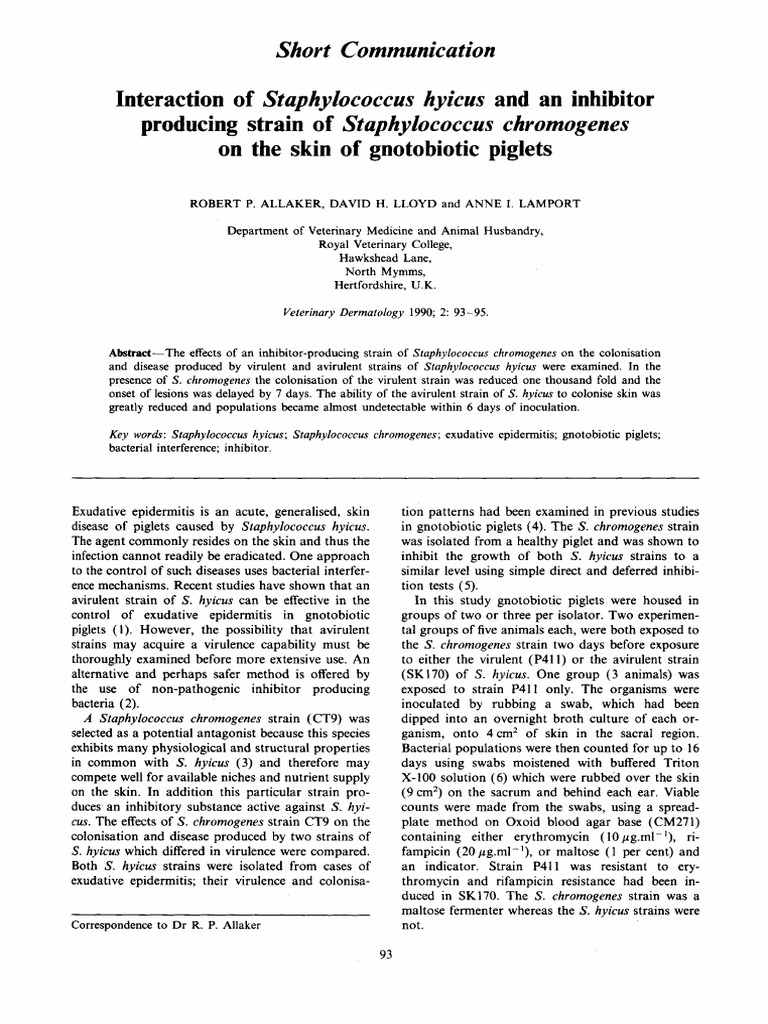 Interaction of Staphylococcus Hyicus and An Inhibitor Producing Strain ...