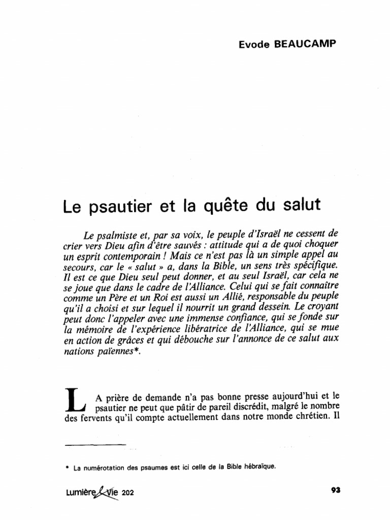 Priere Psaumes Lumiere et Vie 202 Le psautier et la quete du salut Evode Beaucamp | PDF