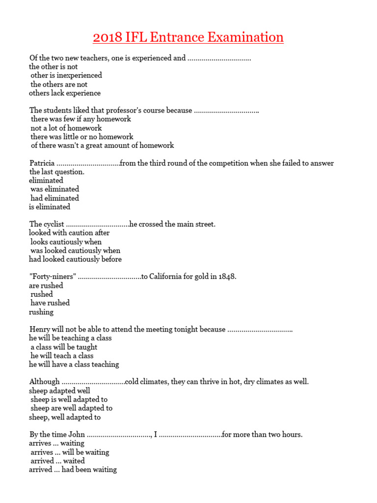2018 IFL Entrance Examination (1-10) | PDF