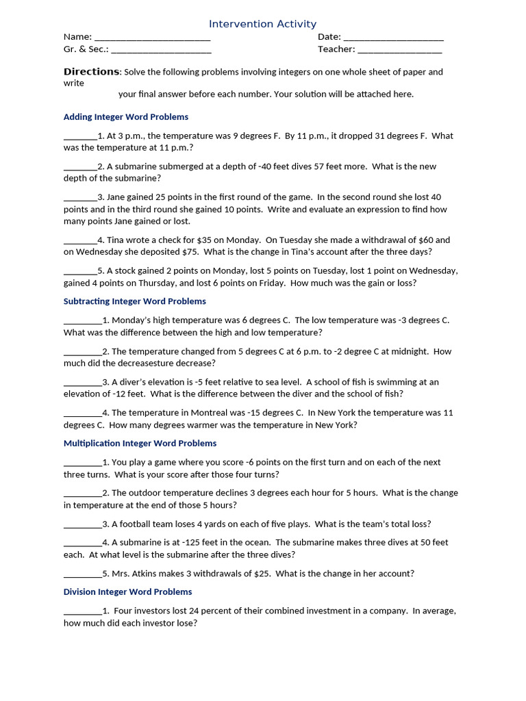 Integer Word Problems_Intervention Activity | PDF | Underwater Diving