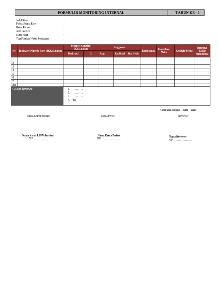 Formulir Monitoring Riset Internal 2023 | PDF