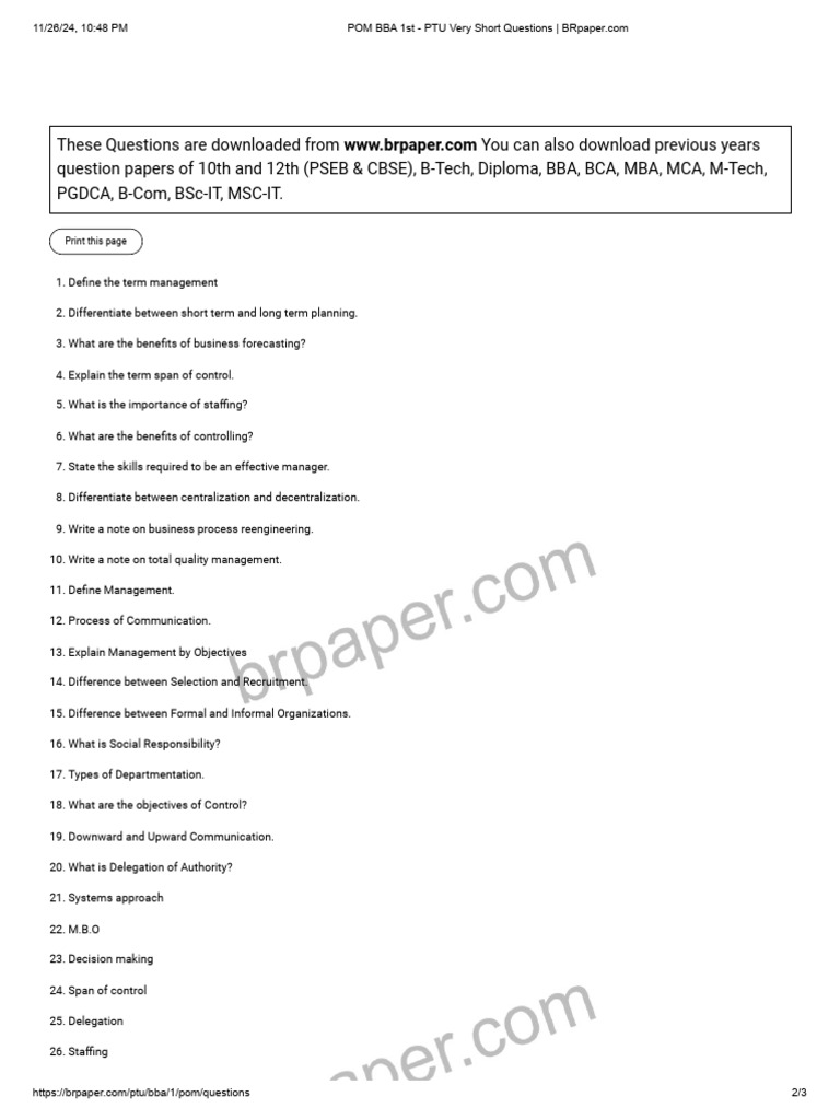 Bom - PPM - Very Short Questions | PDF
