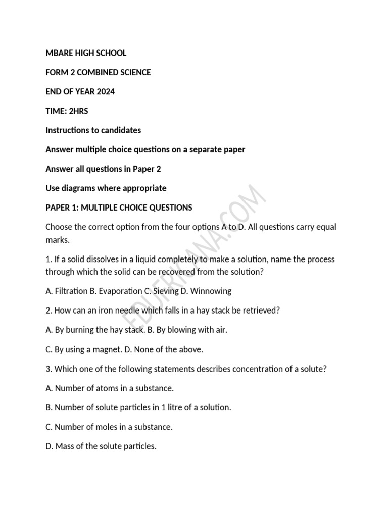 End of Year Form 2 Combined Science | PDF | Acid | Water