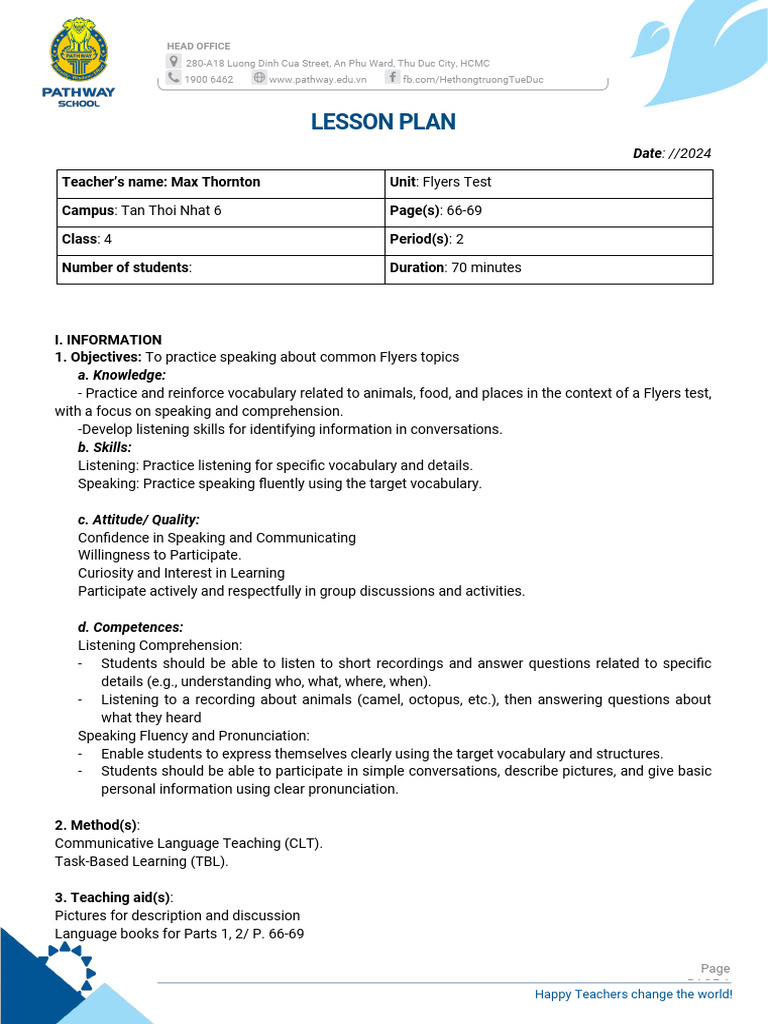 Flyers Test Speaking Lesson Plan | PDF | Reading Comprehension ...