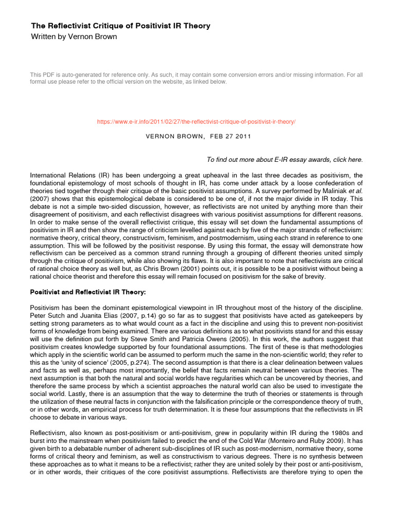 The Reflectivist Critique of Positivist IR Theory | PDF | Positivism | Theory
