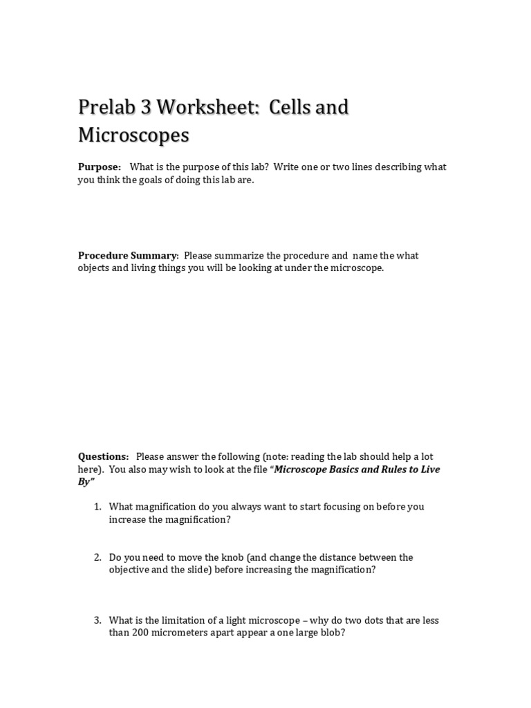 Prelab 3 Worksheet Microscopes 2024 | PDF
