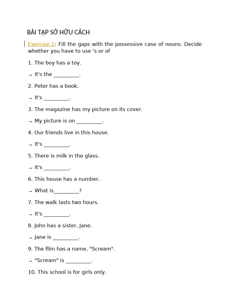 BÀI TẬP SỞ HỮU CÁCH | PDF | Grammar | Syntax