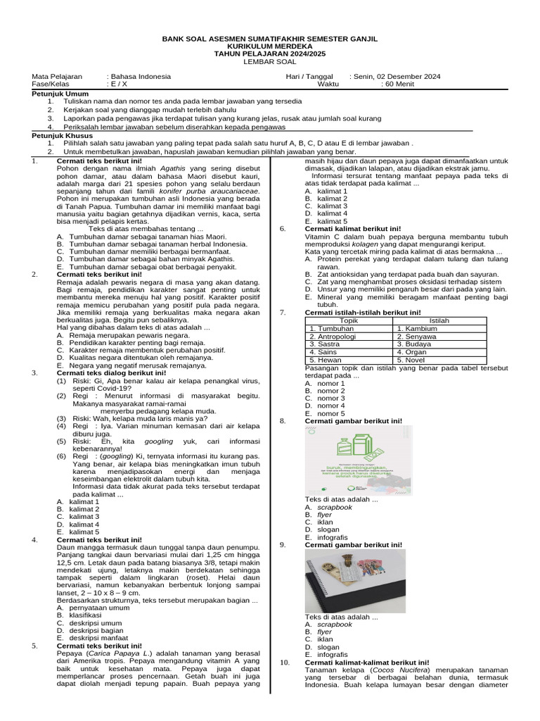 Bhs Indonesia - Kelas X - Kumer - Soal | PDF