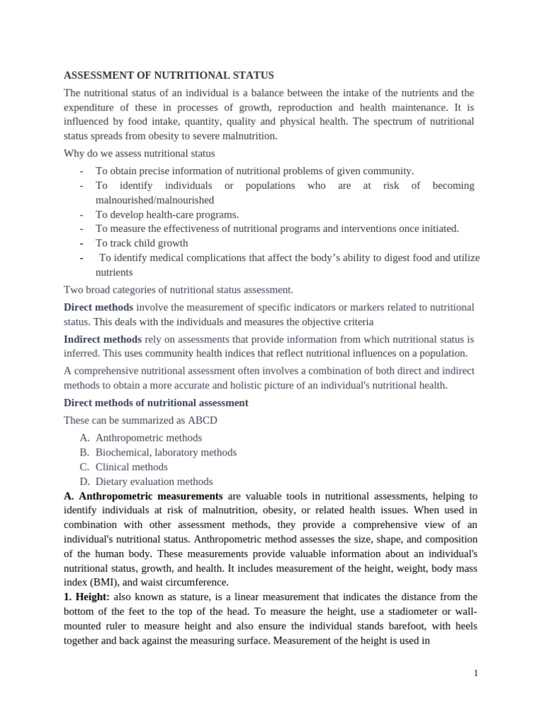 Nutritional Status Assessment Methods | PDF | Body Mass Index | Nutrition