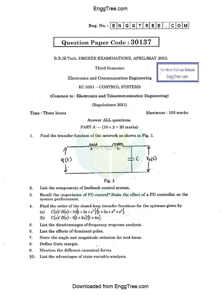 EC3351 Control Systems Apr May 2023 Question Paper Download | PDF