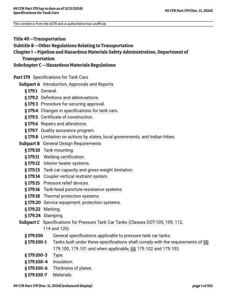 49 CFR Part 179 (Up To Date As of 12-11-2024) | PDF | Valve | Pressure