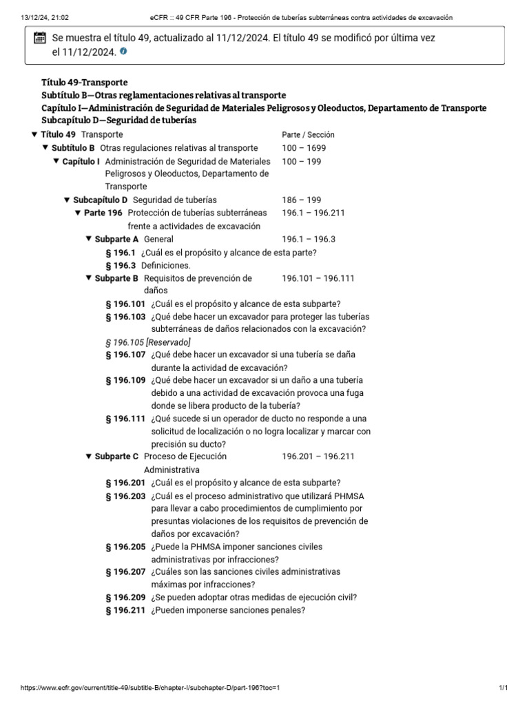 ECFR - 49 CFR Parte 196 - Protección de Tuberías Subterráneas Contra ...