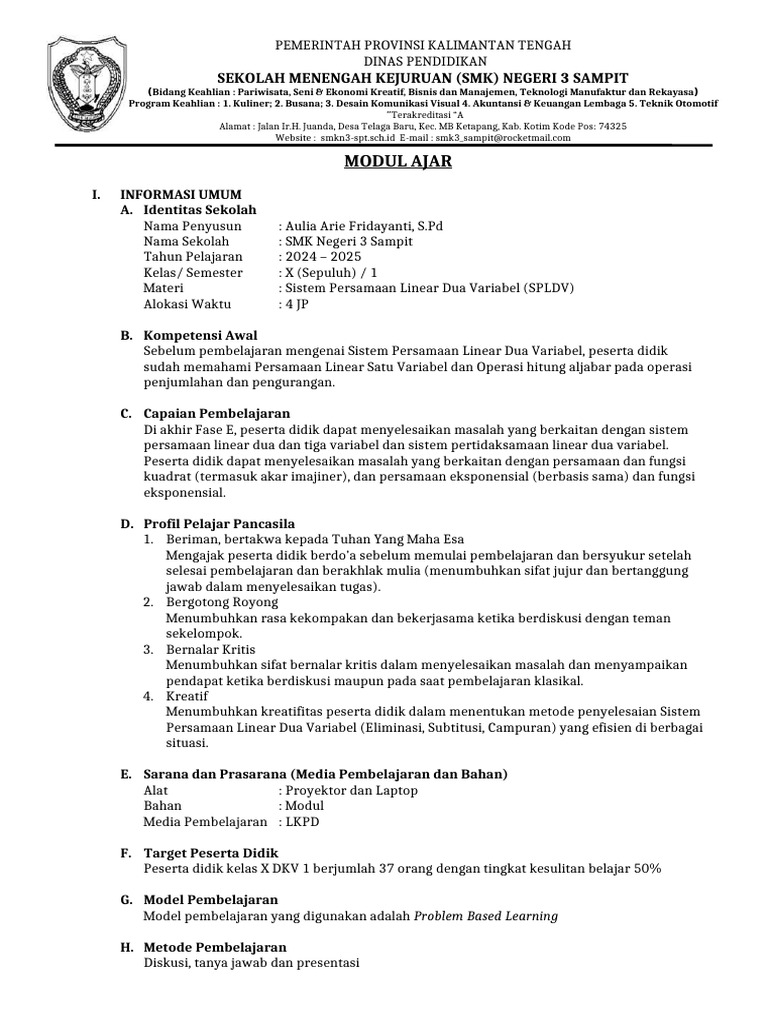 Modul Ajar SPLDV | PDF