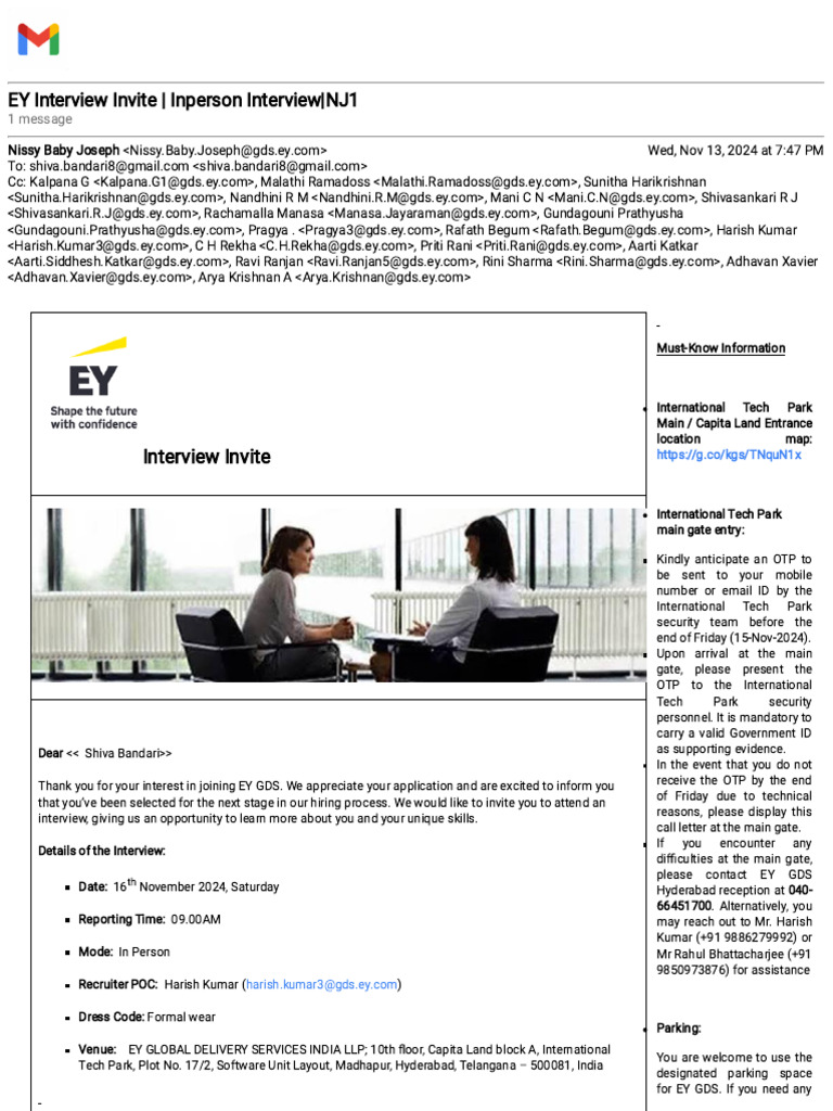 Gmail - EY Interview Invite - Inperson Interview - NJ1 | PDF