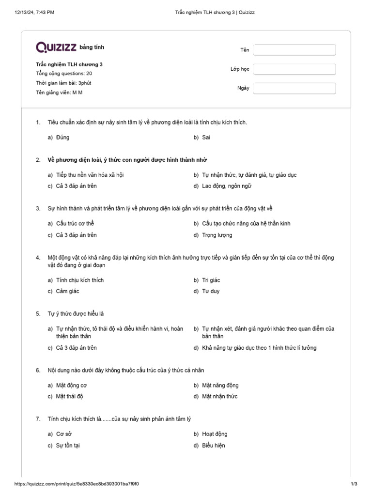 Trắc nghiệm TLH chương 3 _ Quizizz | PDF