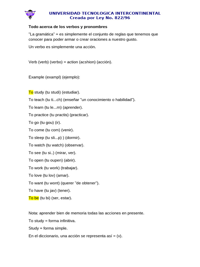 Verbos y pronombres en inglés básico | PDF | Asunto (gramática) | Verbo