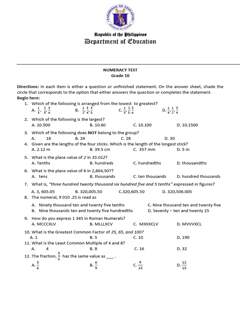 Grade 10 Numeracy Test Questions | PDF | Mathematics