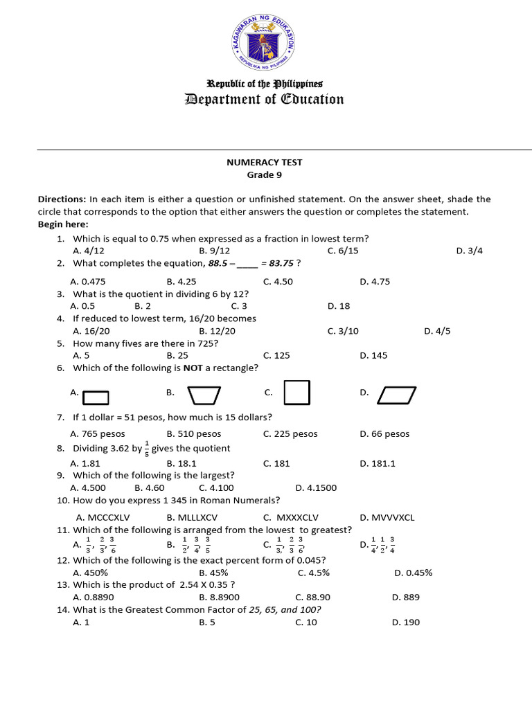 Post-Numeracy For Grade 9 - 2021 | PDF