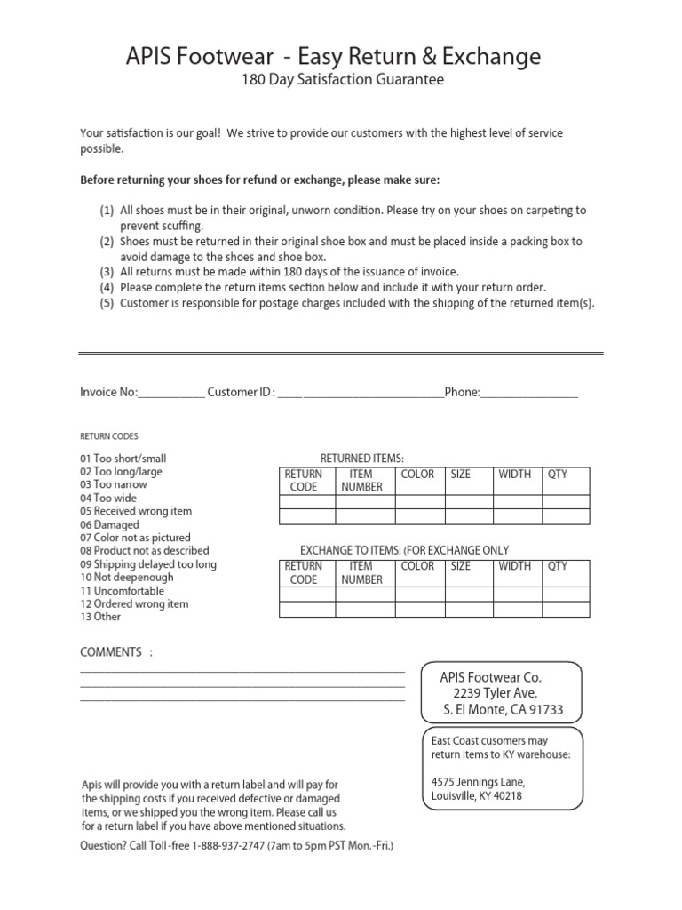 Apis Return Form | PDF | Footwear | Foot