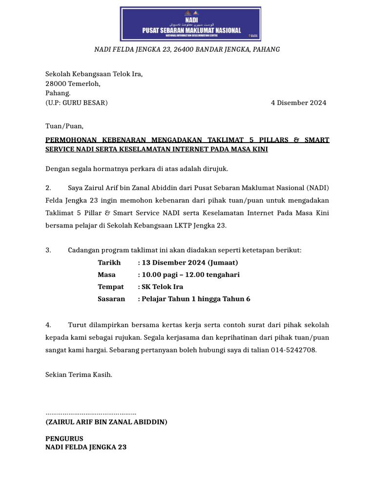 Surat Permohonan Program 5 Pillars Dan Safe Internet | PDF