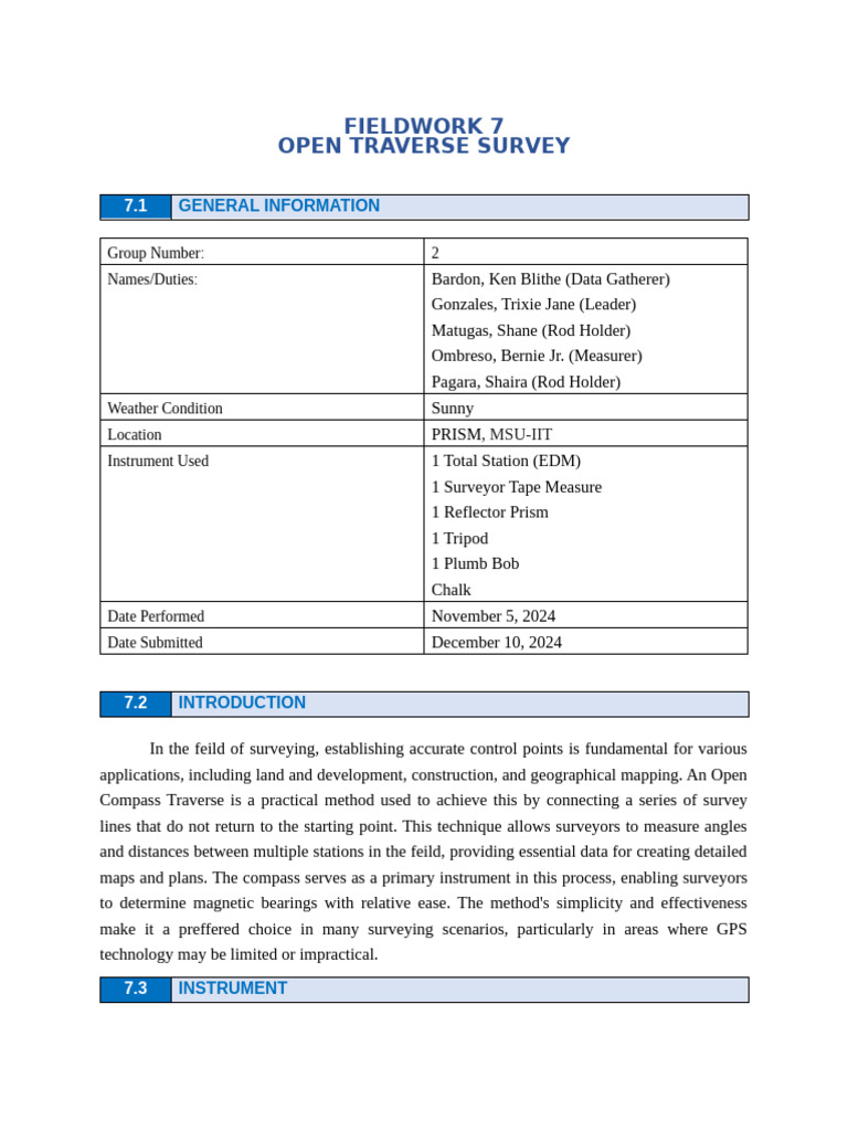 Open Traverse Survey Methodology Guide | PDF | Surveying | Compass