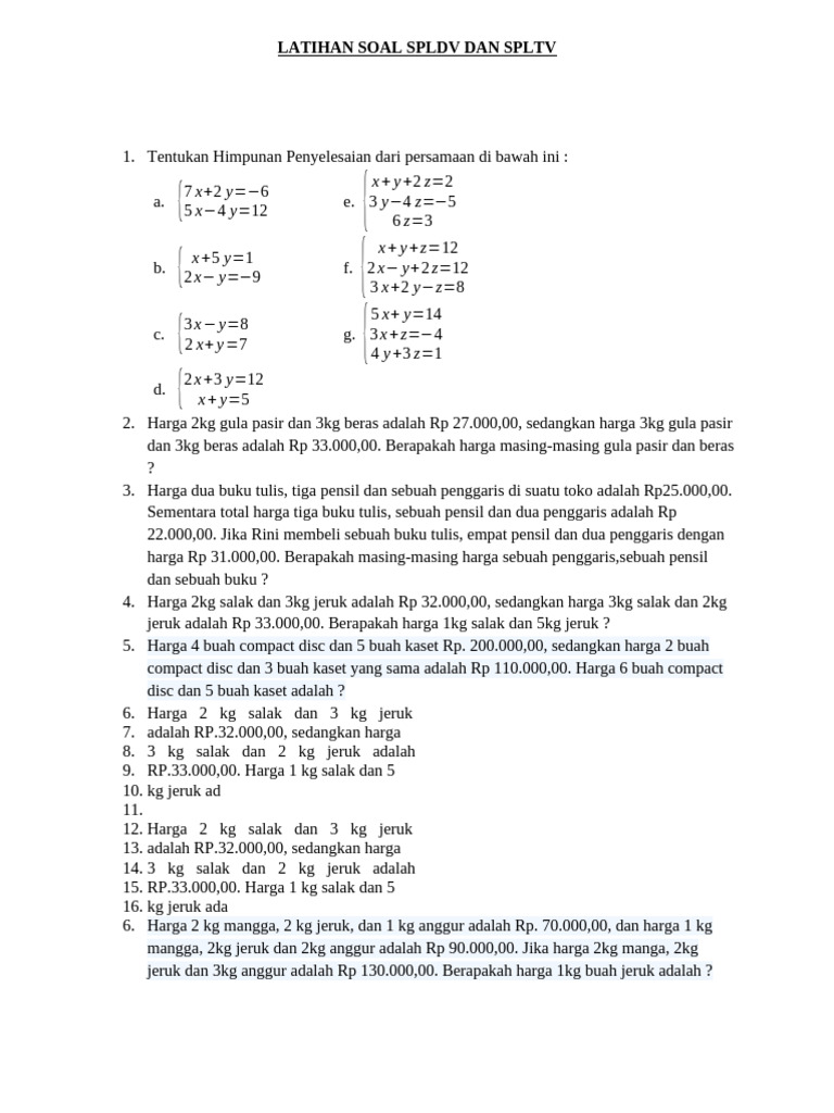 Latihan Soal SPLDV Dan SPLTV | PDF